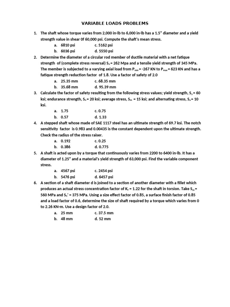 Variable Loads Problems | PDF