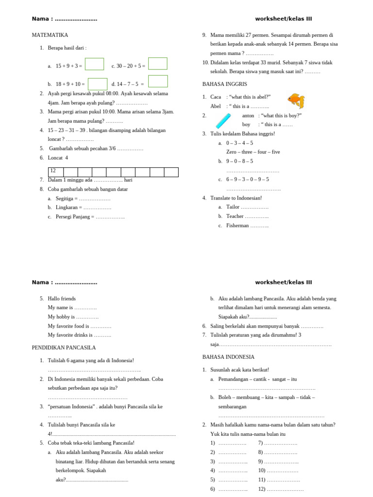 Workshet Klas 3 | PDF
