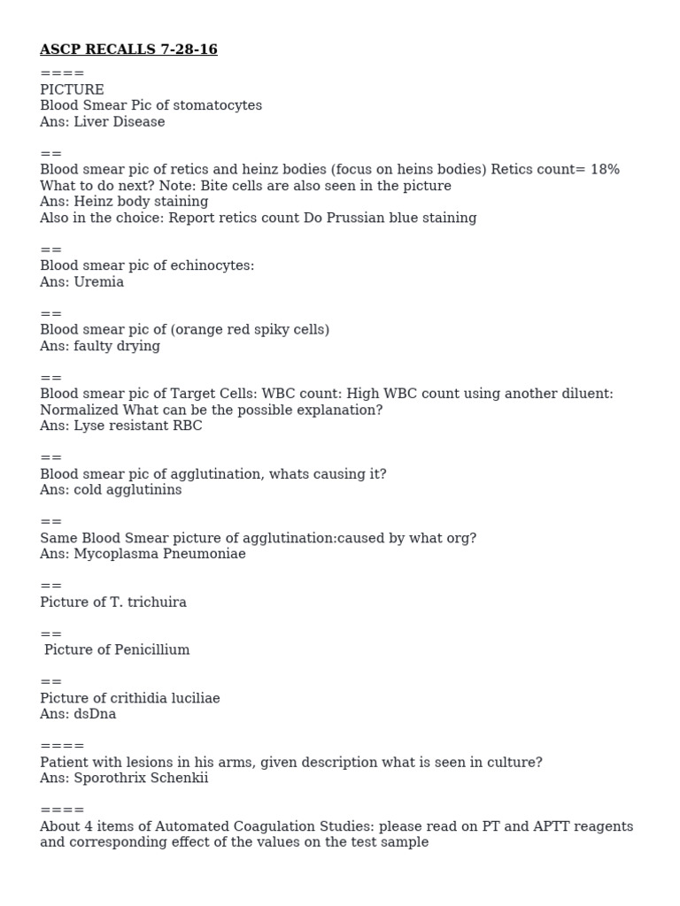 ASCP Recall Summary: Blood Smears & Tests | PDF | Blood Type | Self ...