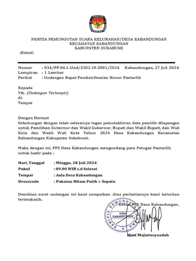 Undangan Honorium Pantarlih Des - KBD | PDF