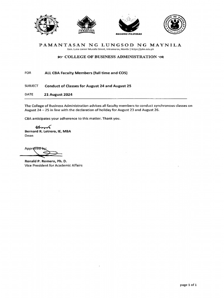 Conduct of Classes - August 24 and August 25 2024 | PDF