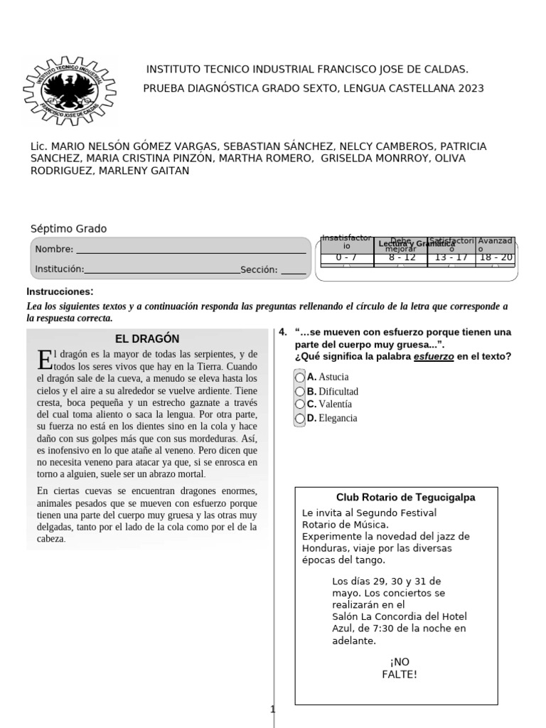 Prueba Diagnostica Grado 6 Lengua Castellana 2023 | PDF