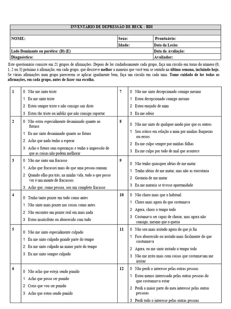 INVENTÁRIO DE DEPRESSÃO DE BECK - BDI | PDF