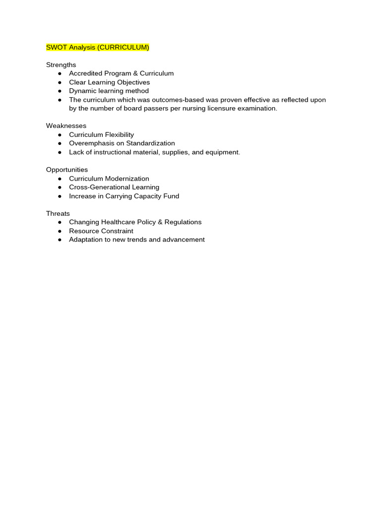 Swot Analysis Curriculum | PDF
