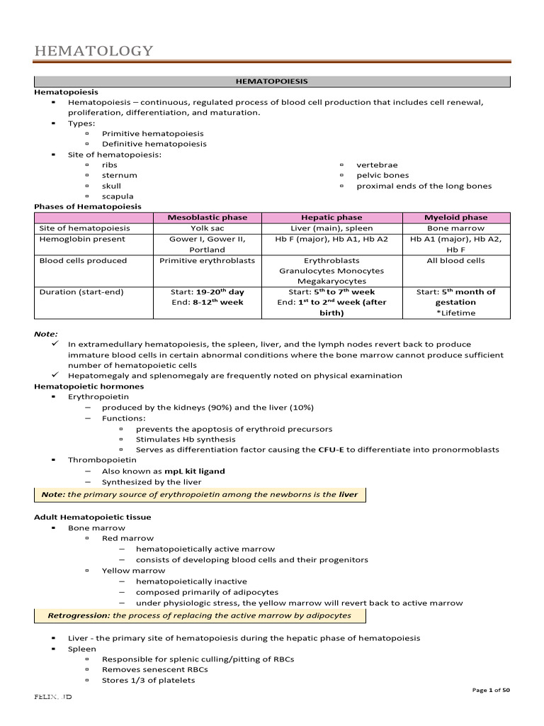 Hematology Review Notes | PDF | Haematopoiesis | Anemia
