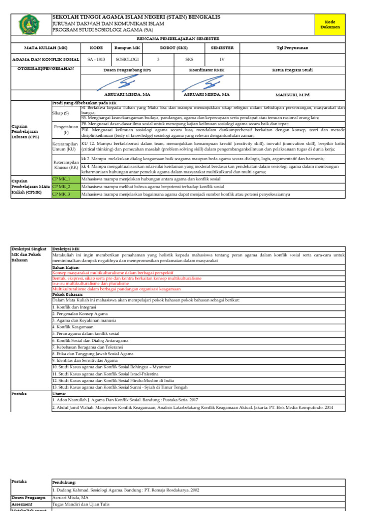 RPS Agama Dan Konflik Sosial Genap 2023-2024-1 | PDF