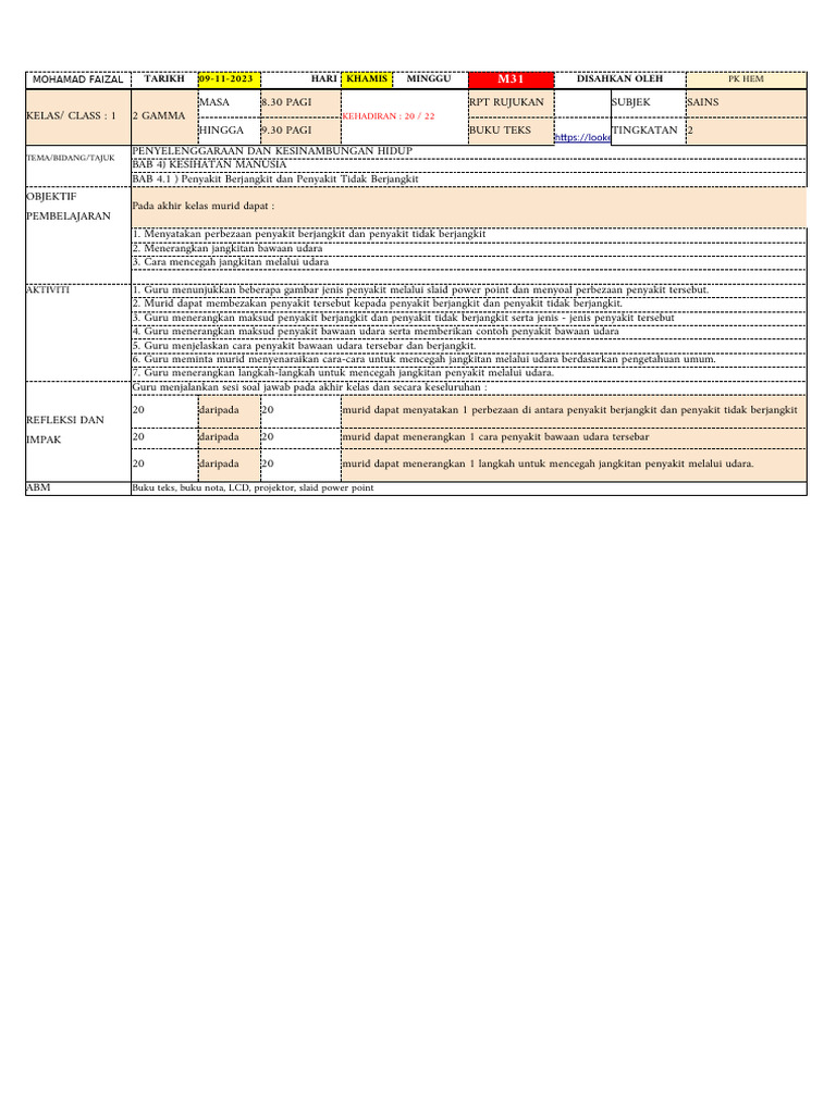 Contoh RPH Sains Tingkatan 2 | PDF