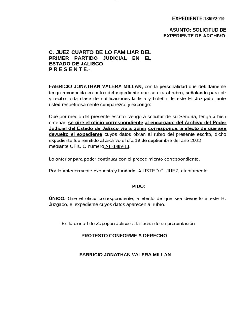 Escrito para Solicitar Se Devuelva Expediente de Archivo | PDF