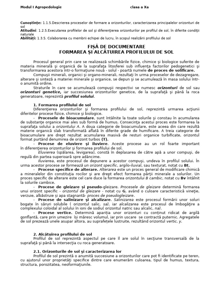 Fișă de Documentare - Formare Și Alcătuirea Profilelor de Sol | PDF