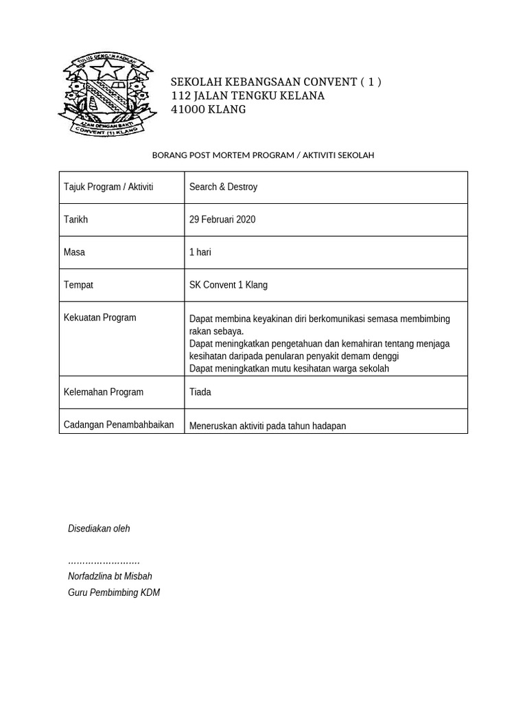 BORANG POST MORTEM PROGRAM Search & Destroy | PDF