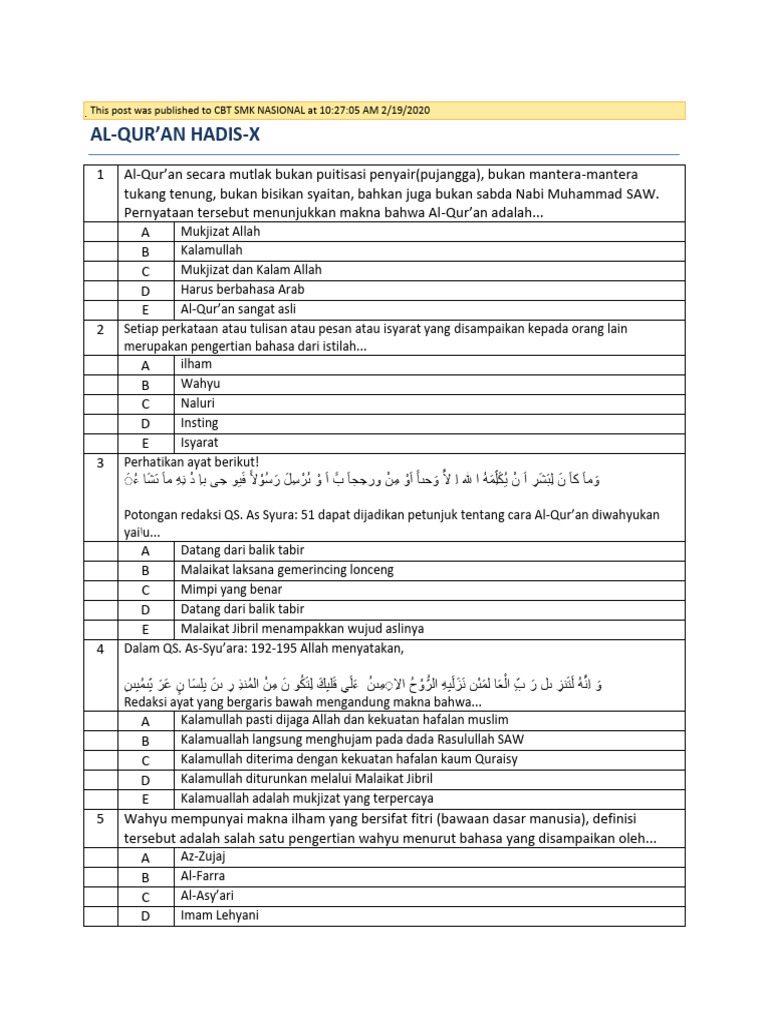 SOAL PAS Qur'an Hadits Kelas X Madrasah Aliyah | PDF