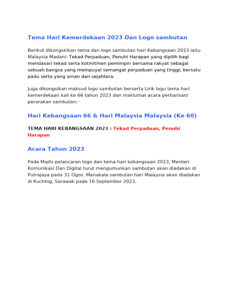 Tema Hari Kemerdekaan 2023 Dan Logo Sambutan | PDF
