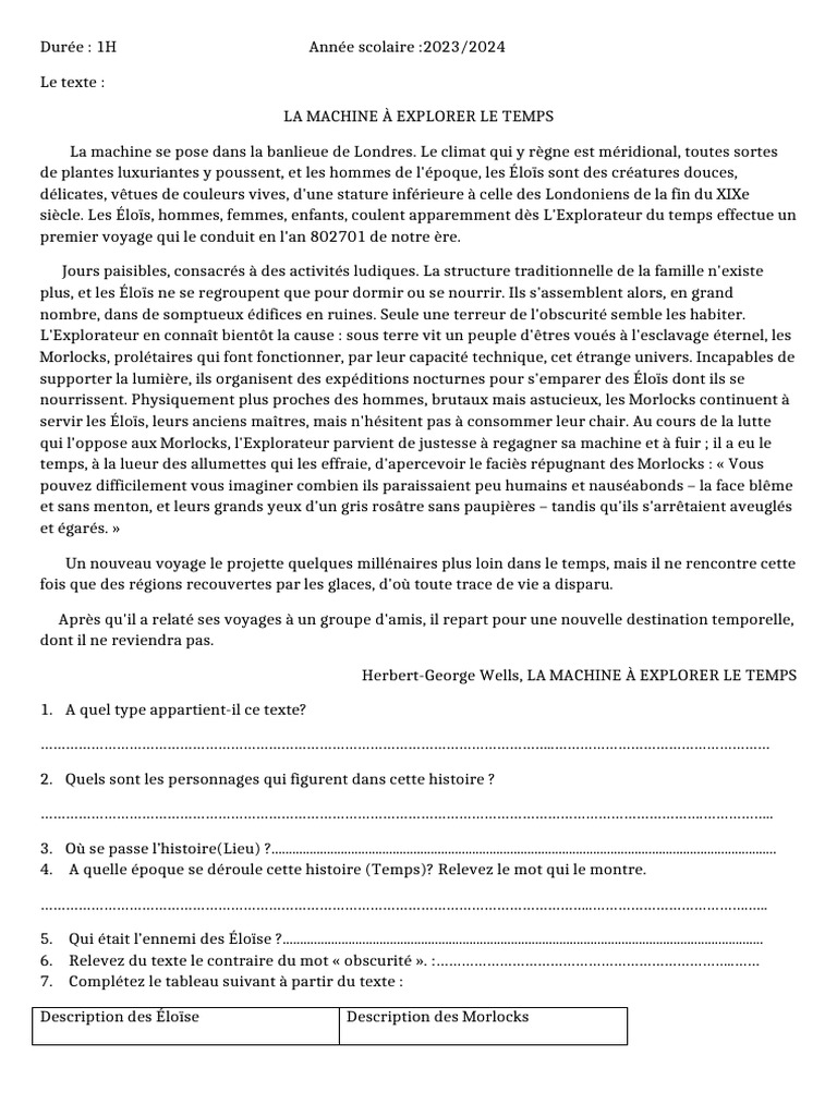 Devoir Anticipation 3 Trimrstre 2as 2024 LA MACHINE À EXPLORER LE TEMPS | PDF