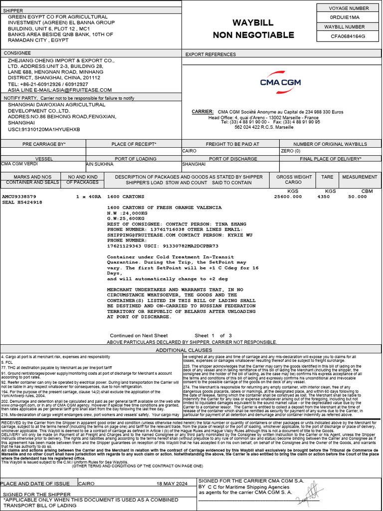 Non Negotiable Waybill: Carrier | PDF