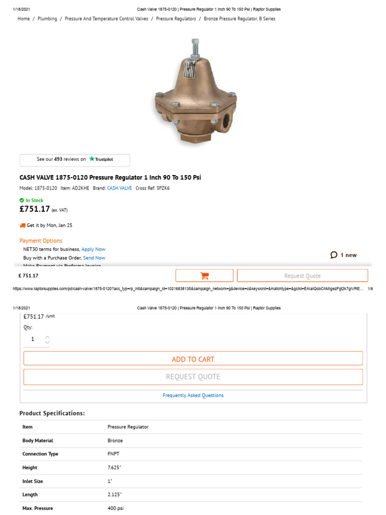 Cash Valve 1875-0120 _ Pressure Regulator 1 Inch 90 To 150 Psi _ Raptor ...