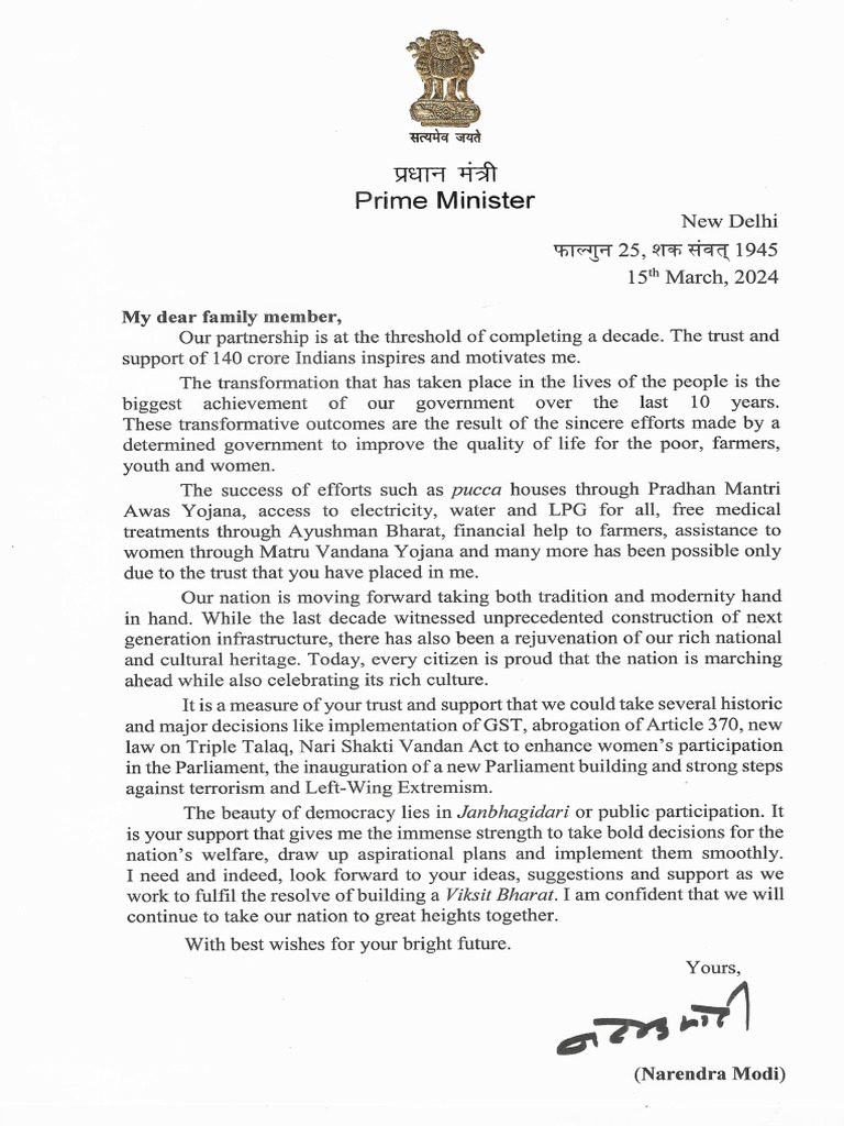 Letter from Prime Minister | PDF