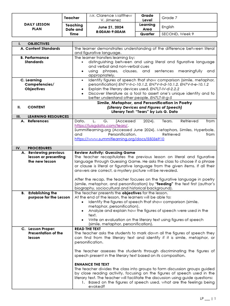 Lesson Plan On Poetry | PDF