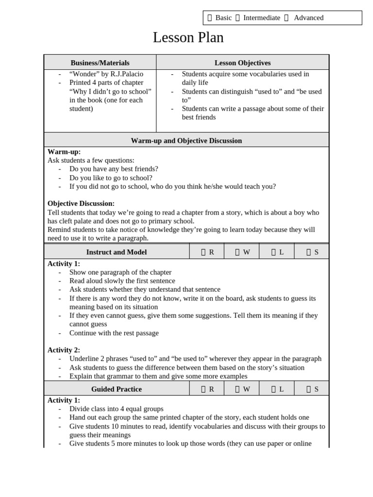 Lesson Plan For Reading, Writing and Grammar | PDF