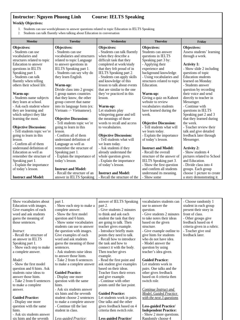 One Week Lesson Plan | PDF