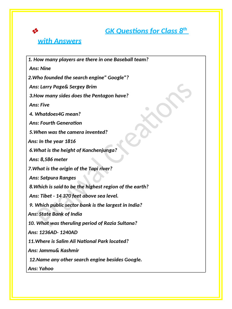 GK Questions For Class 8th With Answers | PDF