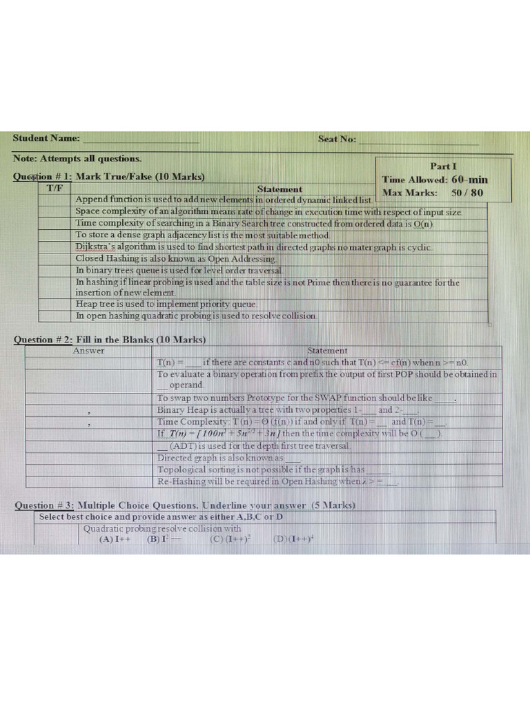 Data Structures Past Paper | PDF