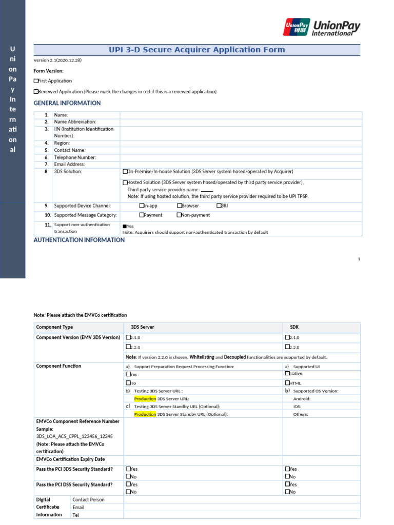 UP3DS Acquirer Application Form - V2.1 (EN) | PDF