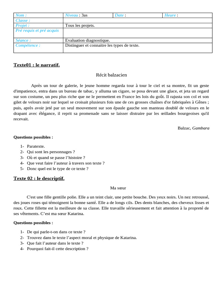 Evaluation Diagnostique Typologie Textuelle | PDF