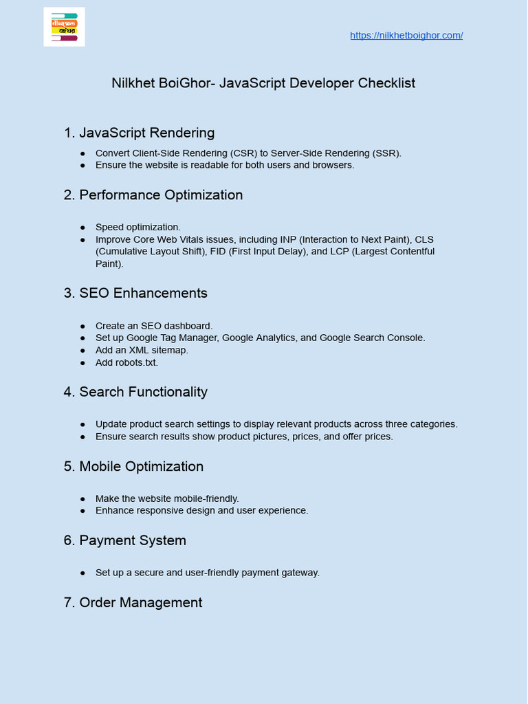 Nilkhet Boi Ghor - Javascript Developer Checklist | PDF