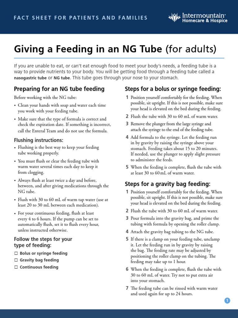 Giving a Feeding in an NG Tube (for Adults) Fact Sheet (Homecare Series ...