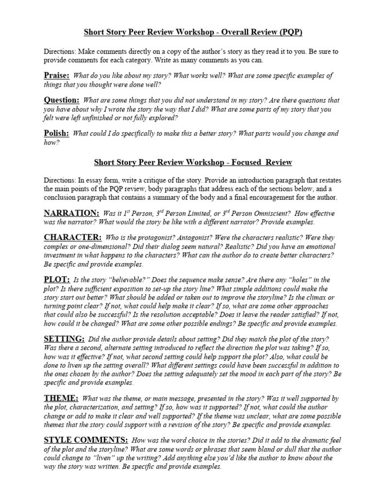 Creative Writing Short Story Peer Workshop Worksheet | PDF