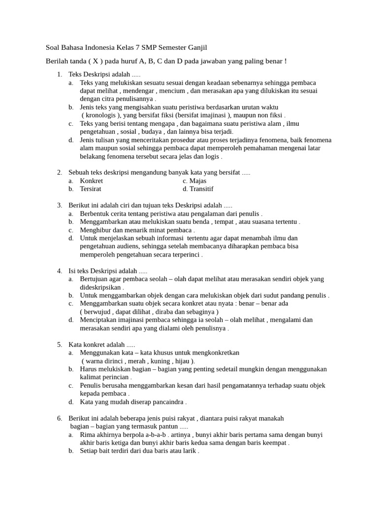 Soal Semester Ganjil Kelas 7 SMP Bahasa Indonesia Tanggal 11 - 11 - 2023 Ok | PDF