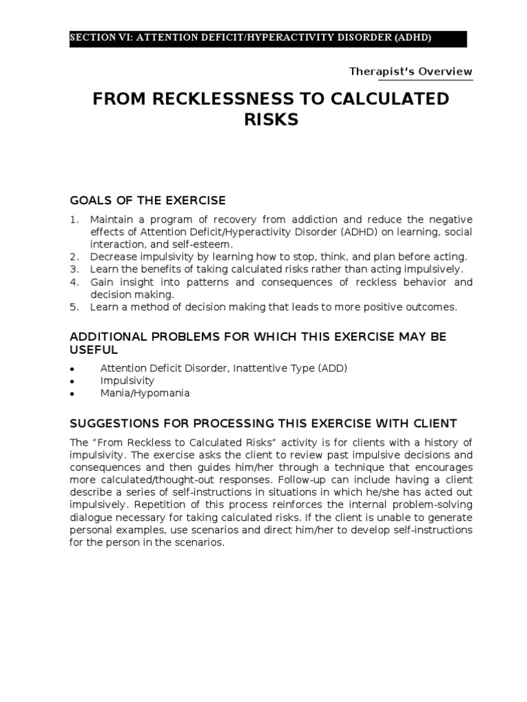Recklessness To Calculated Risks | PDF | Impulsivity | Attention Deficit Hyperactivity Disorder