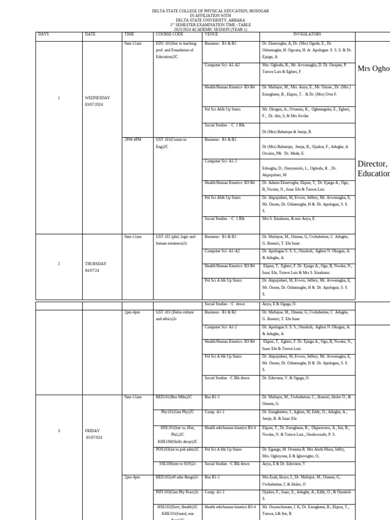 First Semester Exam Time Table 2024-1 | PDF