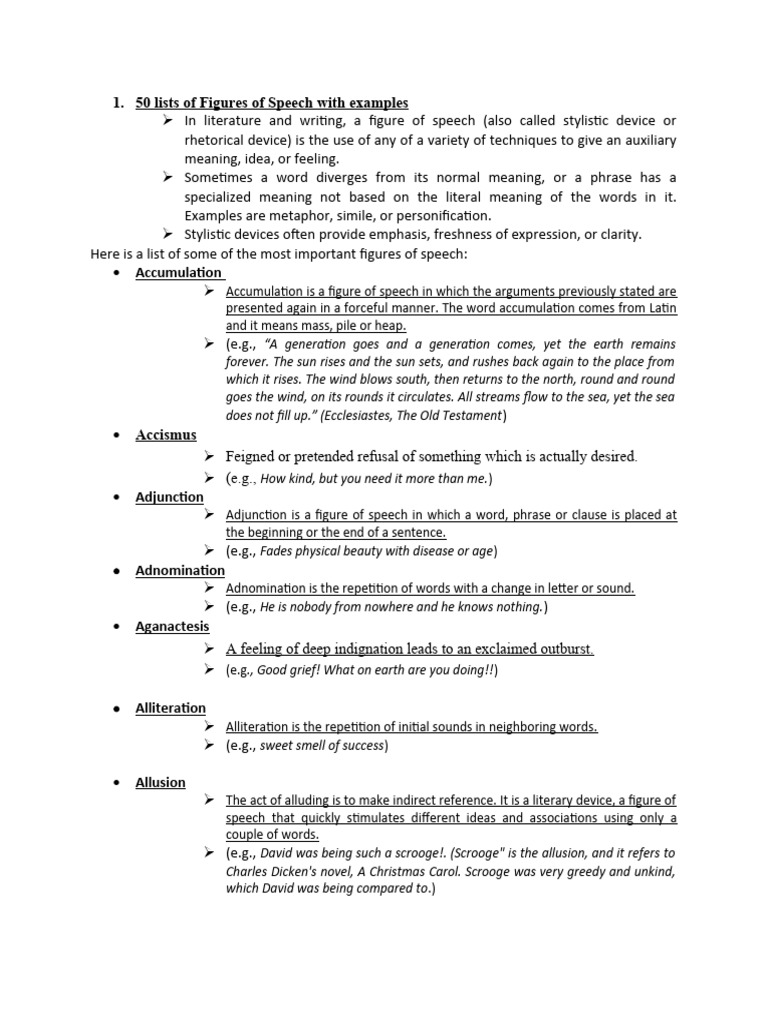 50 Lists of Figures of Speech With Examples | PDF