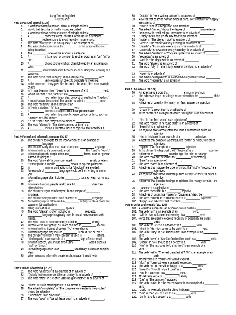 Long Test in English 9 | PDF
