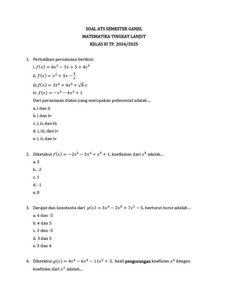 Soal ATS Matematika Tingkat Lanjut 2024-2025 | PDF