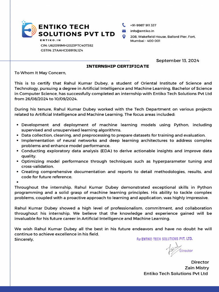 Rahul Kumar Dubey - Internship Certificate | PDF