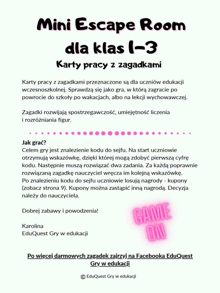 Mini Escape Room Klasy 1 3 | PDF