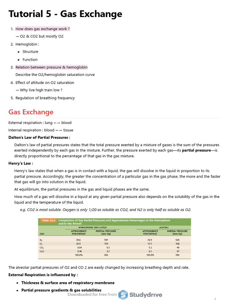 Tutorial 5 - Gas Exchange PDF | PDF | Hemoglobin | Breathing