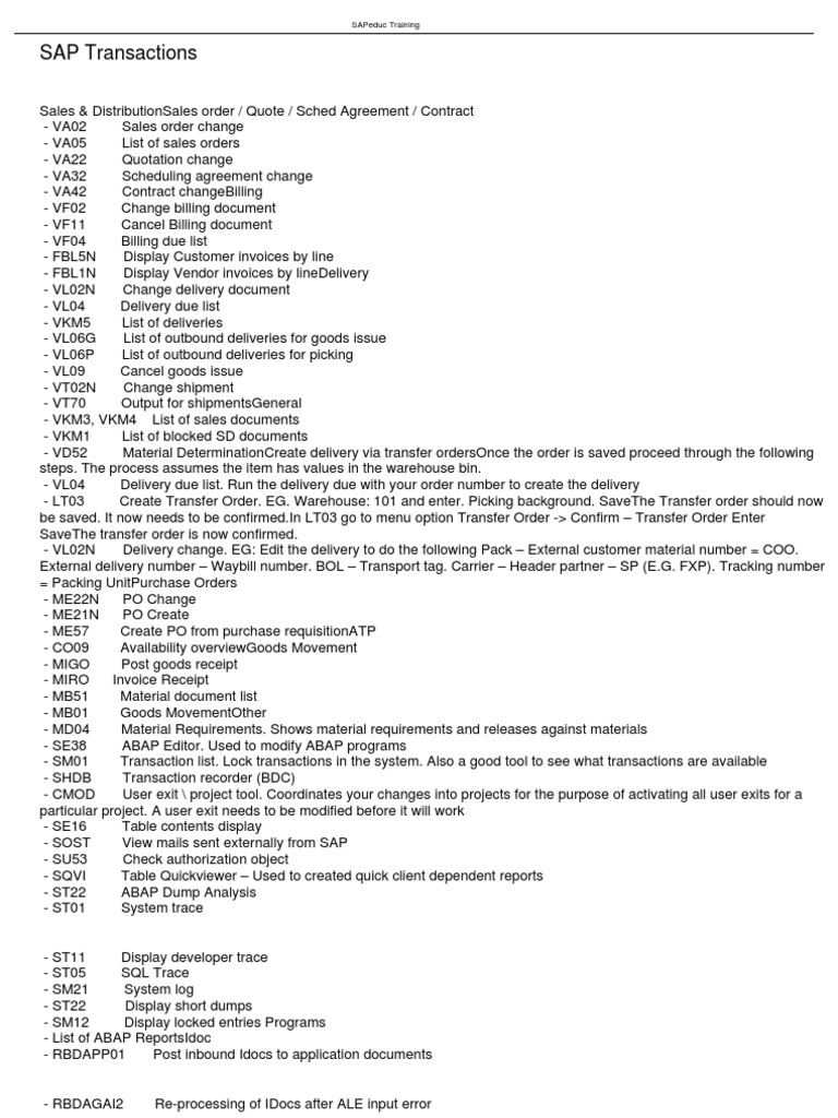 SAP T Codes in SD | PDF