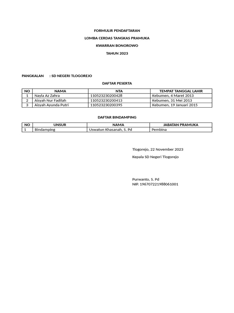 Formulir Pendaftaran LCTP | PDF