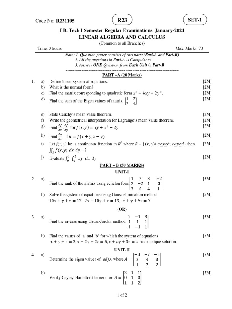 Linear Algebra and Calculus Jan 2024 | PDF