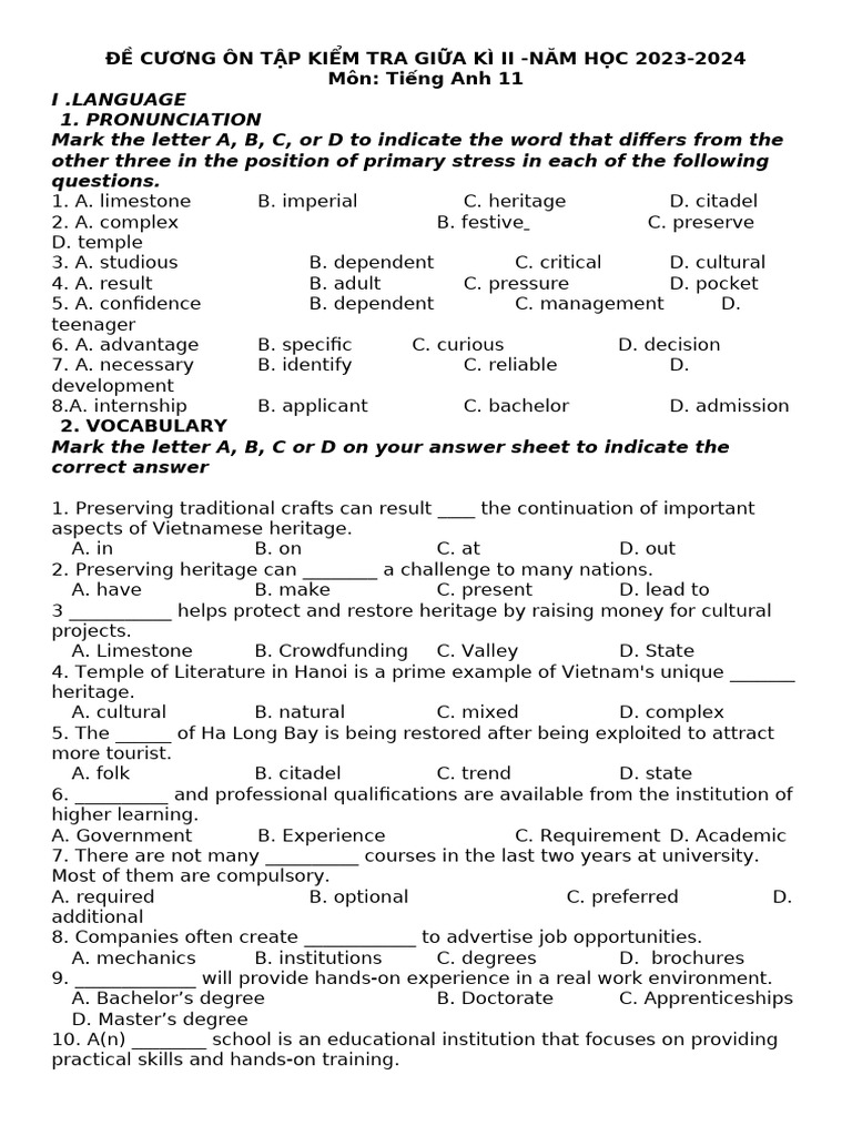 Tieng Anh 11 de Cuong Giua Ki 2-23-24 | PDF