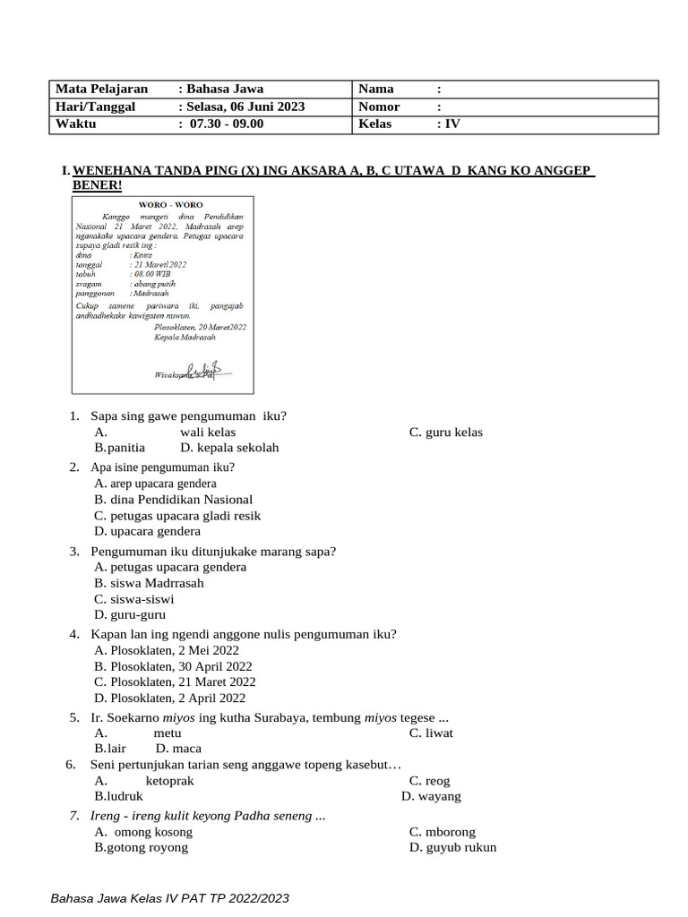 SOAL BJ PAS KELAS IV | PDF
