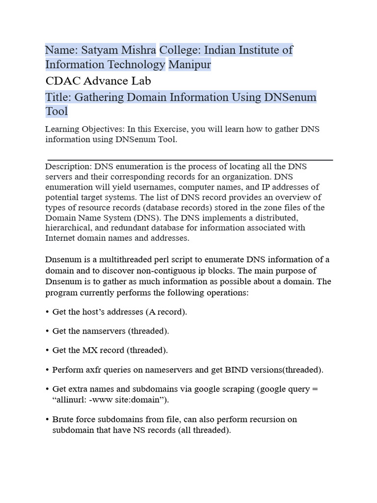 Gathering Domain Information Using DNSenum Tool | PDF