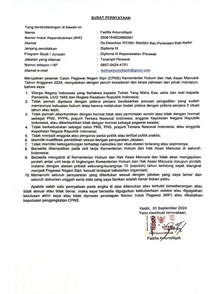 Surat Pernyataan Bermaterai | PDF