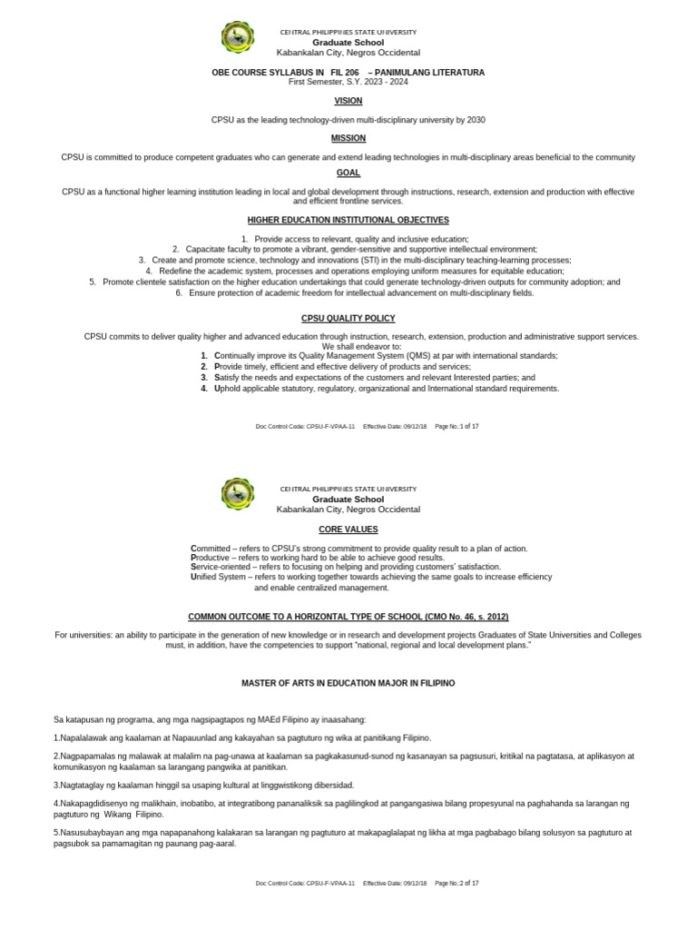 Obe Course Syllabus in Fil 206 Panimulang Literatura | PDF | Critical Thinking