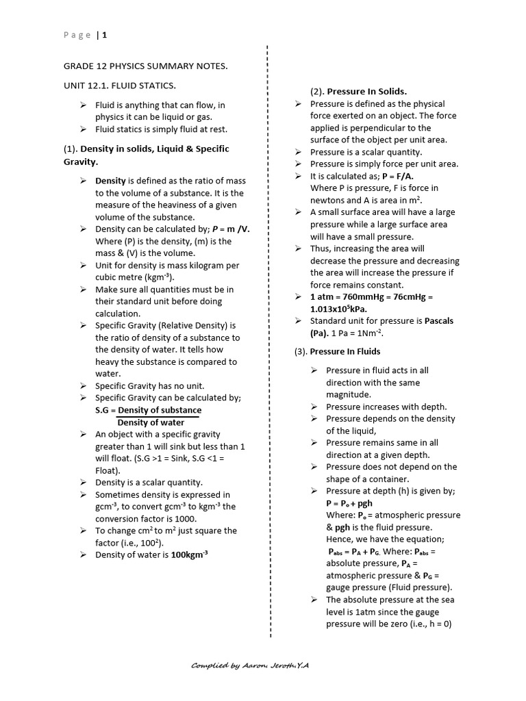 Grade 12 Physics: Fluid Statics Summary | PDF | Pressure | Density