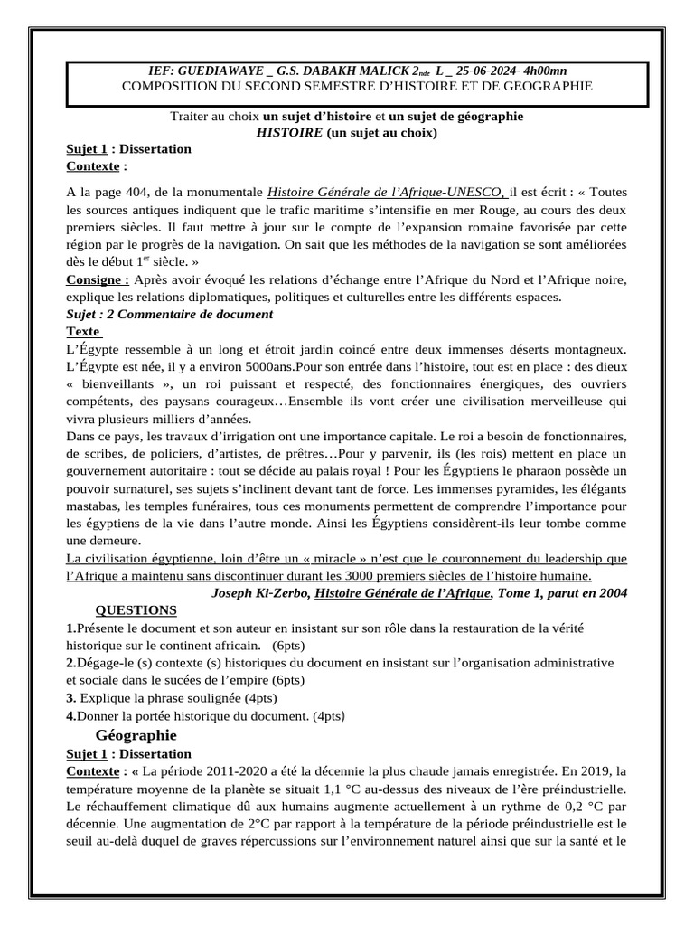 Compo HG Seconde Second Sem 24 | PDF