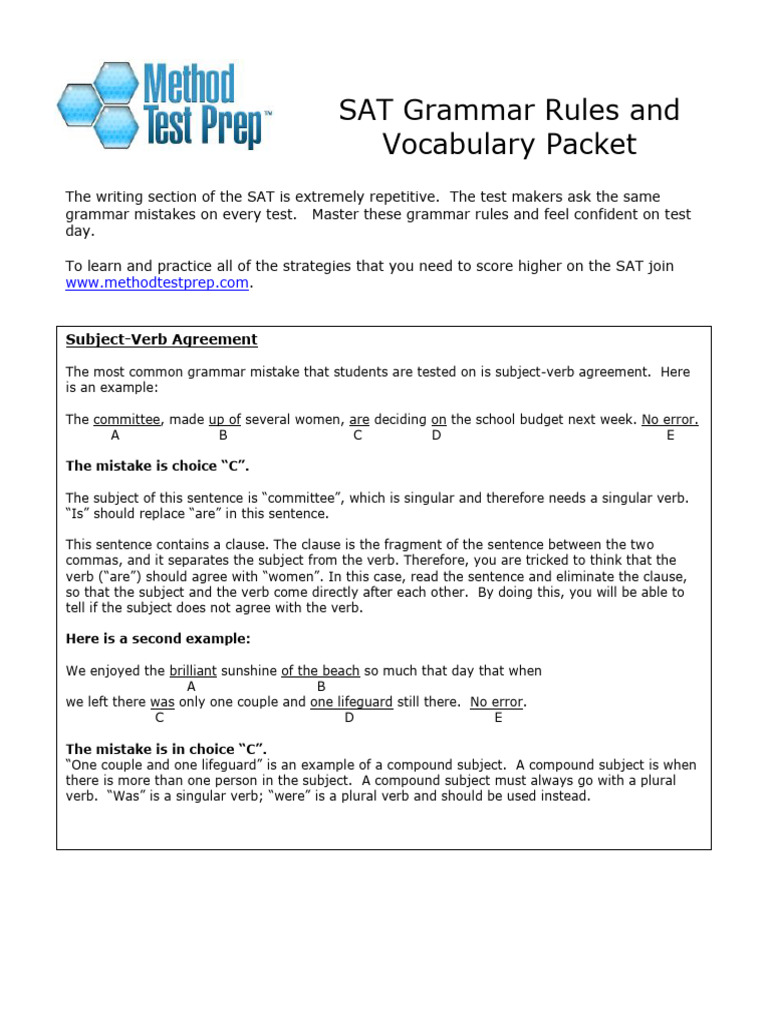 MTP Sat Grammar Rules and Vocab Packet | PDF | Grammatical Number | Plural
